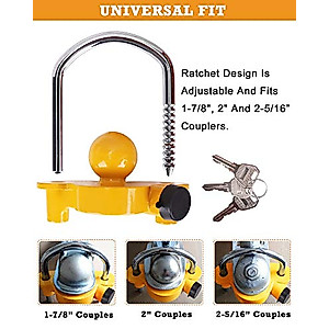 Turnart Trailer Lock, Hitch Lock, Trailer Hitch Lock, Trailer Coupler Lock, Trailer Tongue Lock, Adjustable, Heavy-Duty Steel, Universal Size Fits 1-7/8", 2", and 2-5/16" Couplers (Yellow-A)