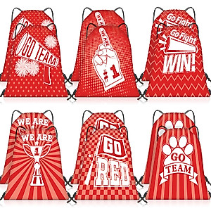 Paterr 12 Pack Team Spirit Drawstring Backpack Bags with We Are #1 Finger Gesture Polyester Red Drawstring Bag Bulk for Gym Sport Spirit Items Cheerleading Party Favors, 16.54 x 13.39 Inch