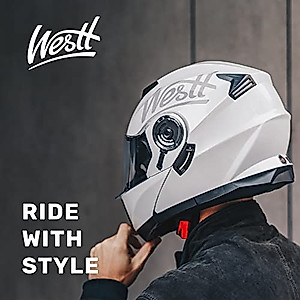 Westt Open Face Motorcycle Helmet - Helmets for Adults Motorcycle Dirtbike Motocross - ATV Helmet Dual Visor Chin Liftable DOT Approved(XL/White Torque X)