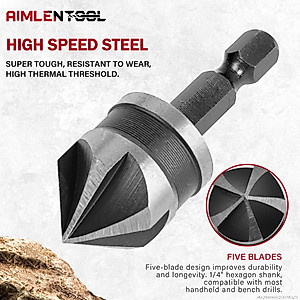 AIMLENTOOL 5 Pcs Countersink Drill Bit Set, 82 Degree 5 Flute High-Speed Steel Countersink Drill Bit with 1/4” Hex Shank, 1/4" to 3/4" Size for Machinable Metals, Wood, Carbon Steel, in Aluminum Case