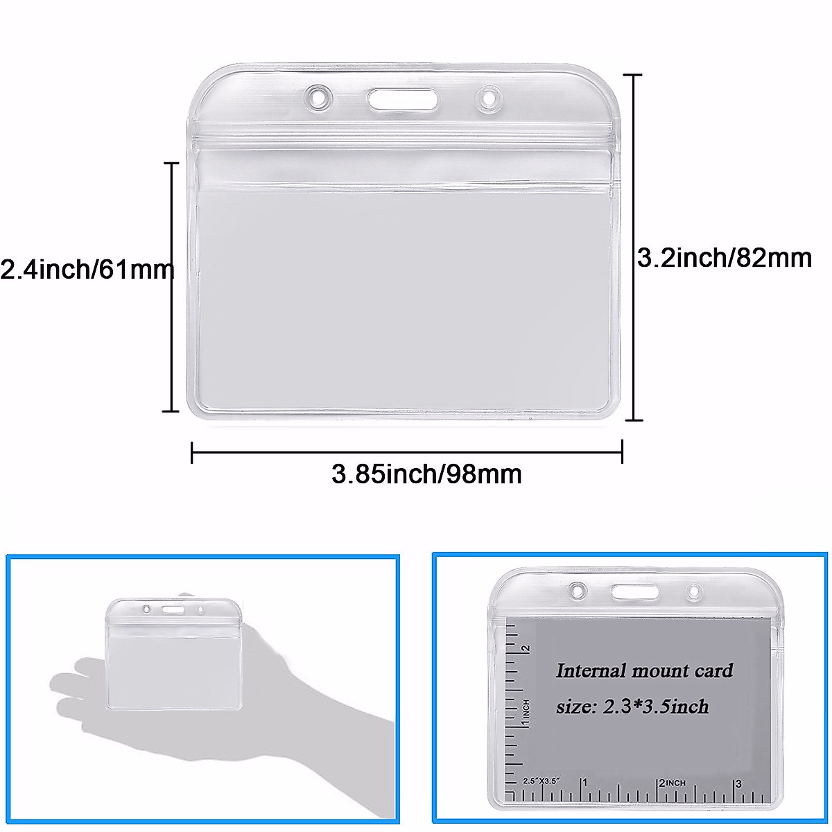 YOUOWO 12 Pack Horizontal ID Card Badge Holders 3.2 x 3.85 inches, Fits 2.3 x 3.5 Name Tag Insert Waterproof Punched Zipper Resealable Clear Plastic Labels Credit Cards