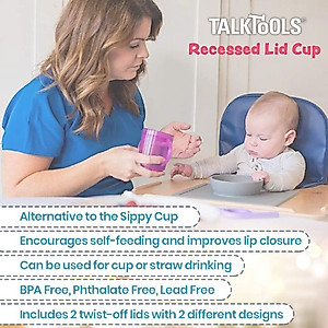 TalkTools Recessed Lid Cup with Handles - Leak Proof | Promotes Oral Motor Skills, Lip Closure, and Self Feeding | Alternative to Sippy Bottle | Food Grade Materials | Dishwasher Safe (Purple)