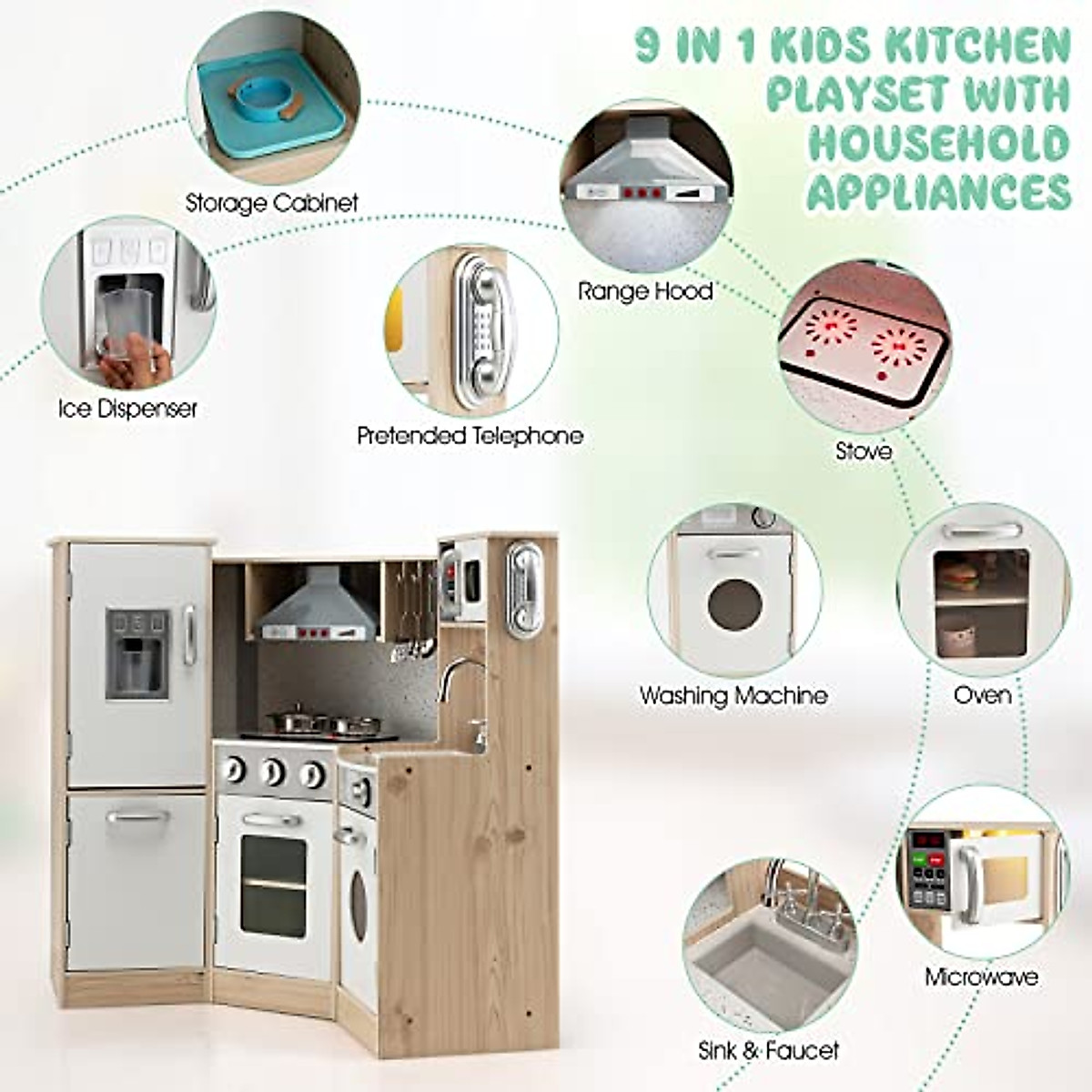 HONEY JOY Kids Wooden Kitchen Playset with Range Hood, Microwave, Sink, Utensils, Phone - With Lights & Sounds