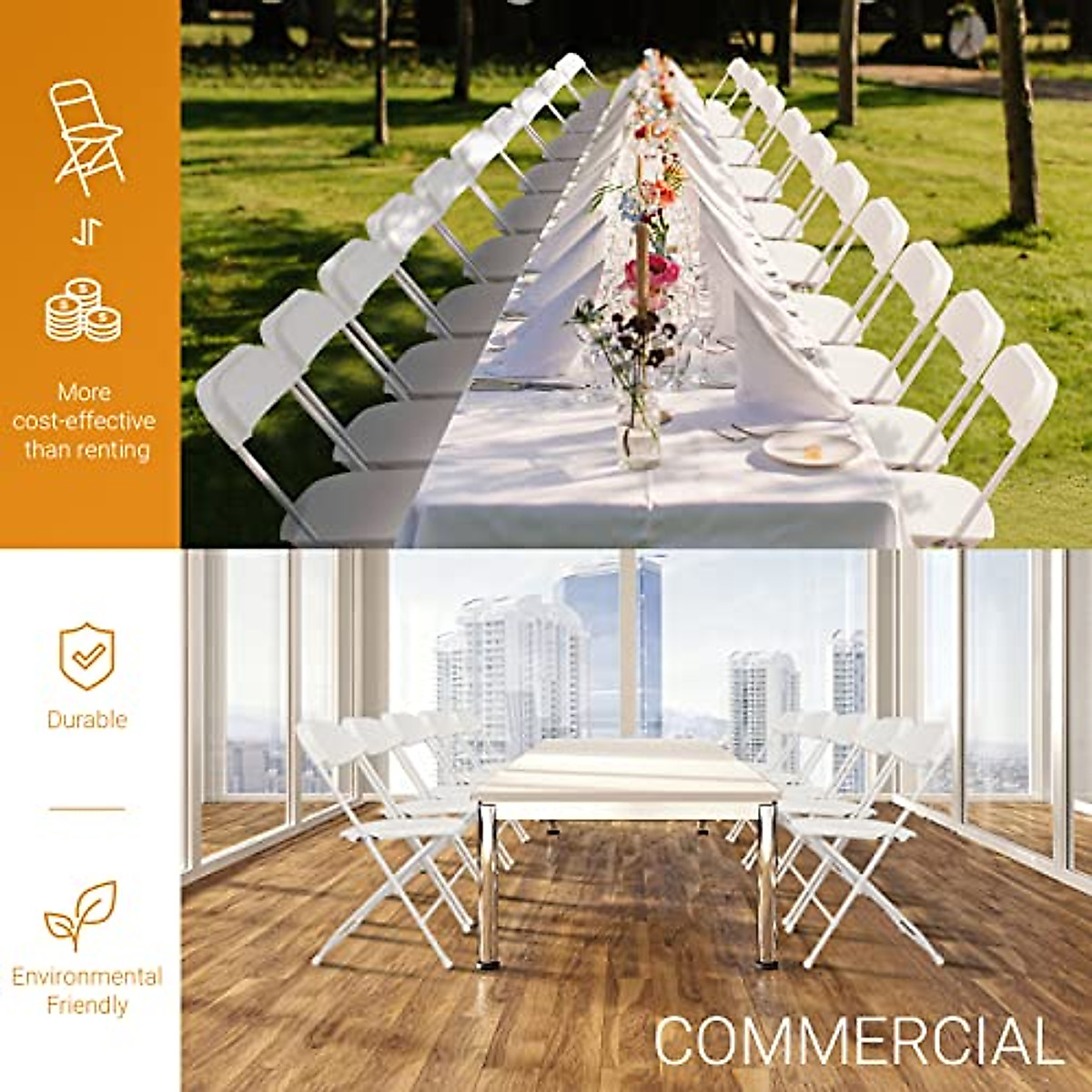 VINGLI 20 Pack White Plastic Folding Chair, Indoor Outdoor Portable Stackable Commercial Seat with Steel Frame 350lb. Capacity for Events Office Wedding Party Picnic Kitchen Dining