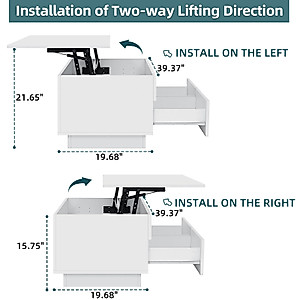 HOMMPA Lift Top Coffee Table with Hidden Storage LED Coffee table Morden High Gloss White Living Room 3 Tiers Tea Table with Storage Center Tables Hidden Compartment & 2 Drawers