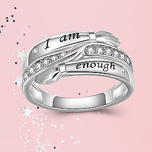 Sterling Silver i Am Enough Hug Ring Matching Engagement Promise for Women Best Friend Crystal Cubic Zirconia Cute Dainty Fidget For Anxiety Love Size 10 Rings