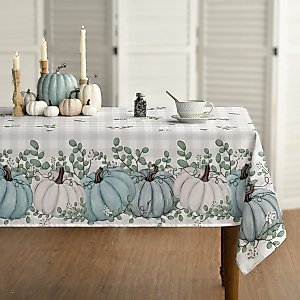 Horaldaily Fall Tablecloth 60x84 Inch Rectangular, Thanksgiving Autumn Harvest Blue Pumpkin Buffalo Plaid Table Cover for Party Picnic Dinner Decor