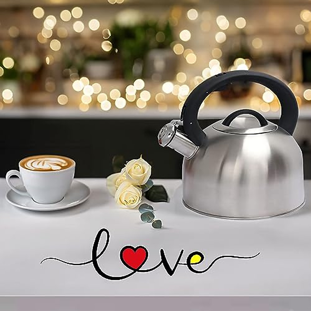 Starbbq 2.64 Quart Whistling Tea kettle for Stove Top, Stainless Steel Teapot for Stove Top with Brushed Black Handle and One-Touch Open and Close Button