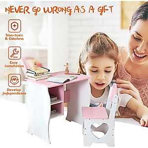 ocinone Kids Desk and Chair Set, Children Study Desk with Storage Shelf, Wooden School Study Table, Writing Table for Home School Use(pink white)