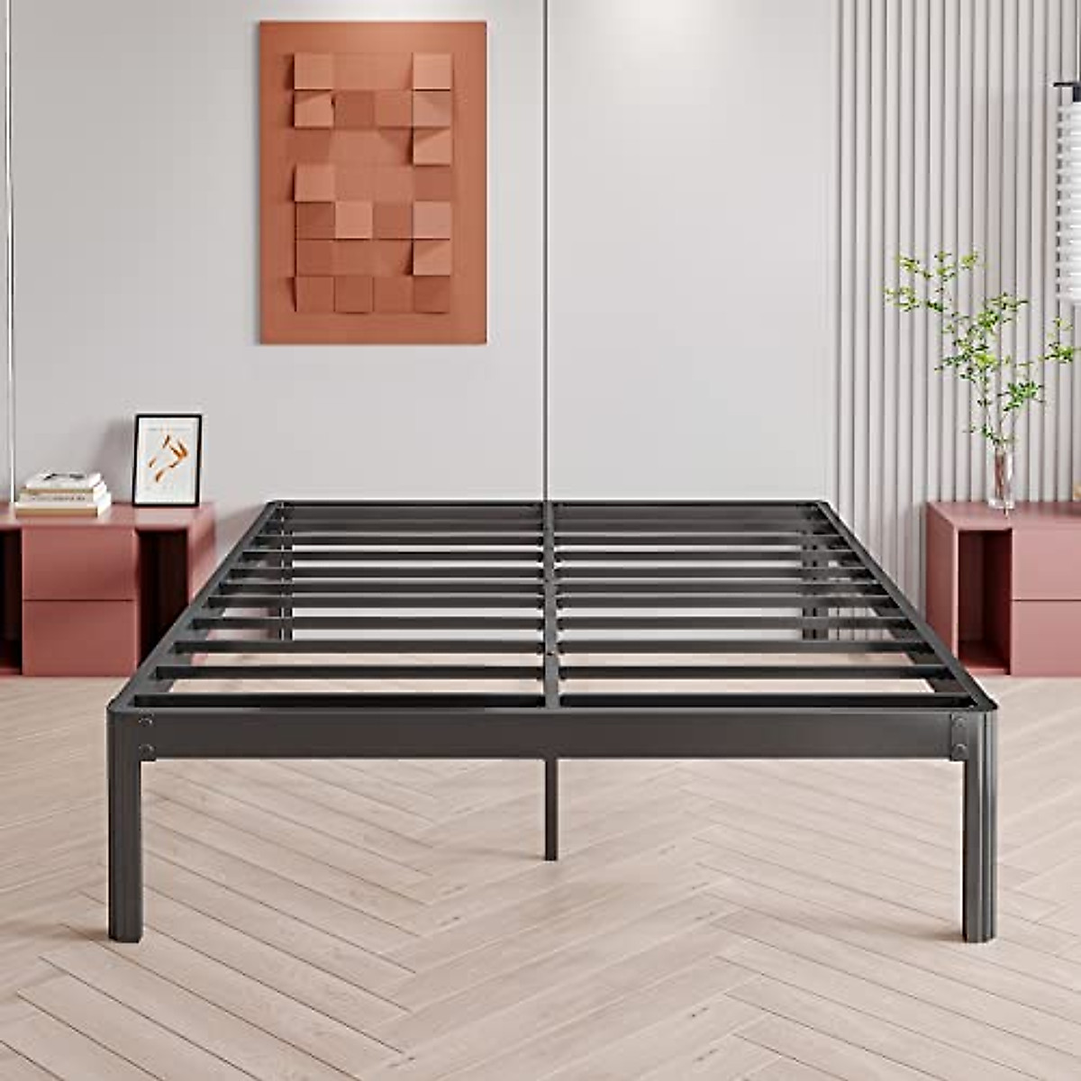 COMASACH California-King Bed-Frame with Round Corner and Cylinder Shaped Leg, 3500 lbs Non Slip Metal Platform Bed Frames No Box Spring Needed, 14 inch Noise Free Mattress-Foundation, Black