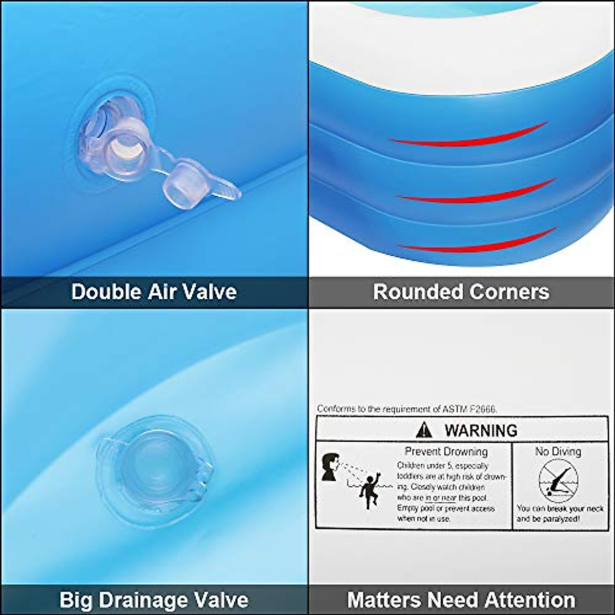 YOUBTQ Inflatable Swimming Pool,Inflatable Swim Pool for Kids, Indoor & Outdoor 120" x 72" x 22" Inflatable Swimming Pool - Wall Thickness 0.3mm for Kids, Adults,Garden, Backyard Water Party Blue