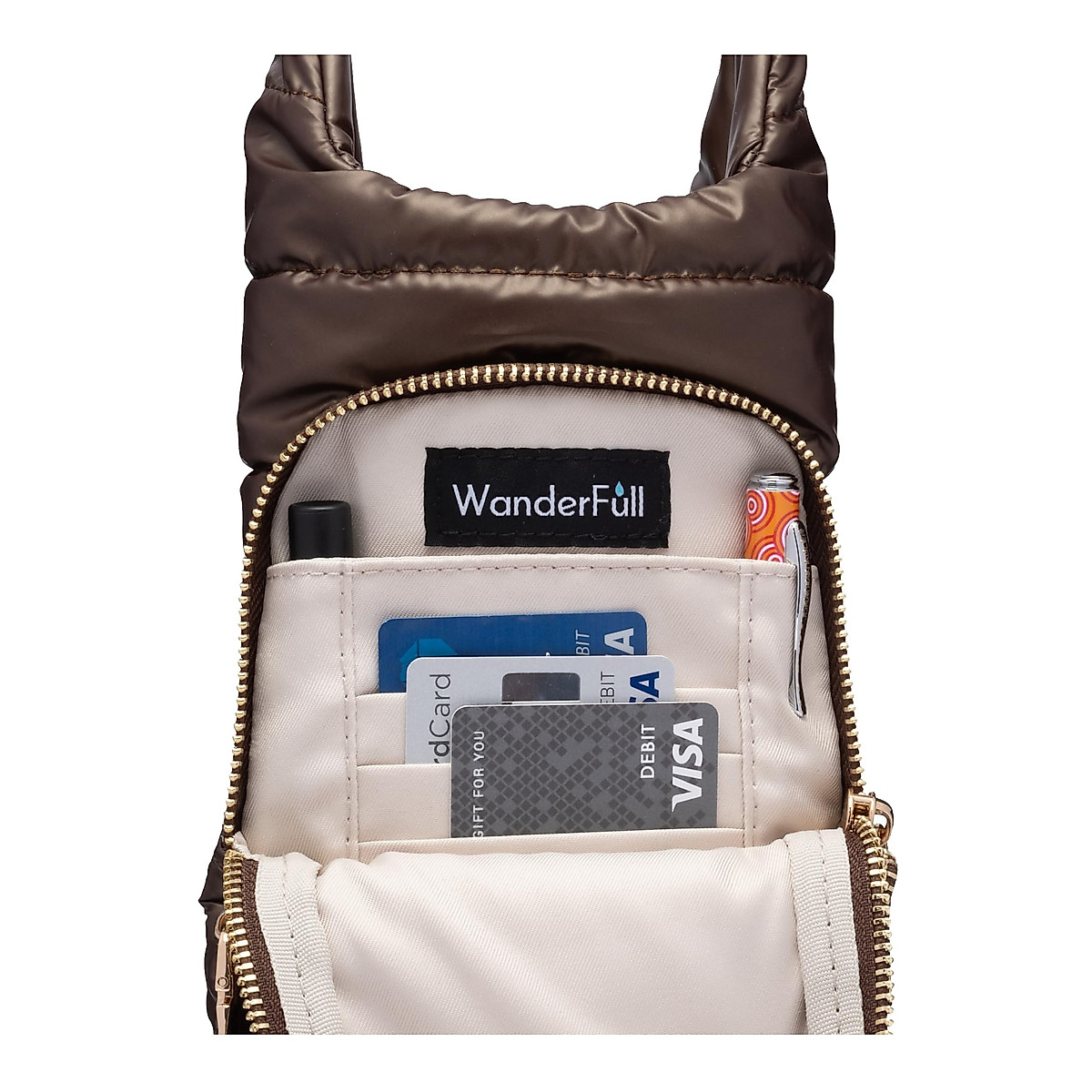 WanderFull Original Crossbody HydroBag | Quilted Water Bottle Carrier | Puffer Tote Tumbler Holder with Pockets for Phone & Accessories | Carry Travel Essentials (Chocolate Brown Shiny/Solid Strap)