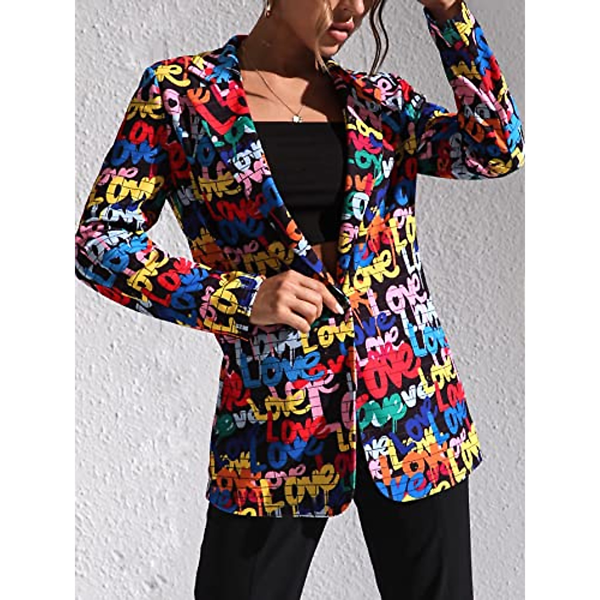 WDIRARA Women's Color Block Graphic Print Long Sleeve Lapel Blazer Jacket Multicolor Letters L