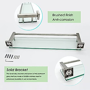 Bathroom Shelves Rectangle Tempered Glass Shelf SUS304 Stainless Steel with rail Lavatory Shower Caddy Floating Wall-Mount Home Decor Holder,20.5x5.3 inches Brushed Finish,1 Shelf with Hardware