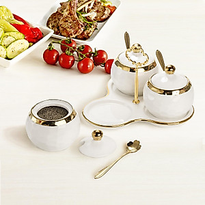 Foraineam Porcelain Condiment Pot Sugar Bowl Spice Jars with Lid, Spoon and Tray, Salt Container Spice Box Seasoning Pots, White Sugar Salt Bowls Set for Kitchen, Restaurant, Coffee Bar, Set of 3