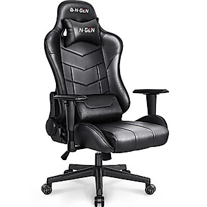 N-GEN Gaming Chair Computer Ergonomic Office Adjustable Lumbar Support Racing Style High Back Desk Headrest Swivel Executive E-Sports Video Game PC Leather Height Reclining (1. Black)