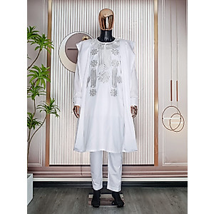 HD African Apparel Agbada Clothing Embroidery Dashiki Shirts and Pants African Men Outfits 3 Pieces, White L