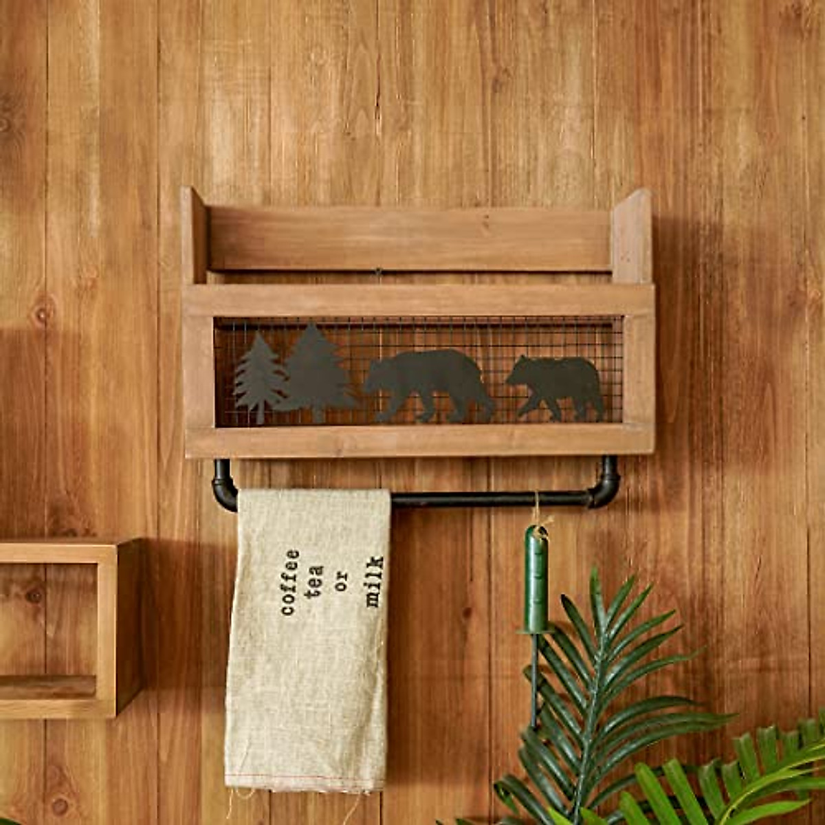 Synovana Cabin Style Hanging Towel Rack with Bar Farmhouse Wooden Floating Shelf Bear Wall Decor Rustic Wall Mounted Storage Towel Rack for Bathroom Kitchen Living Room Home Decor