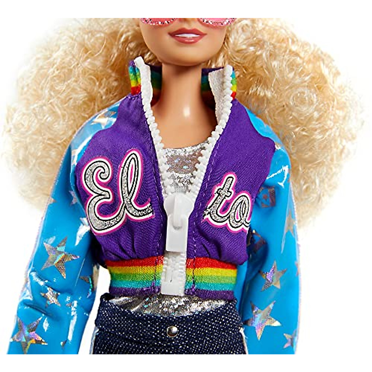 Barbie Elton John Collector Doll (12-inch, Curly Blonde Hair) in Bomber Jacket and Flared Denim, with Doll Stand and Certificate of Authenticity