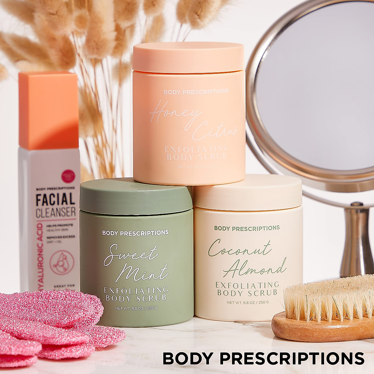 Body Prescriptions Exfoliating Body Scrub – Body Cleanser for Nourished, Ultra-Smooth Skin, Honey Citrus, Coconut Almond, and Sweet Mint