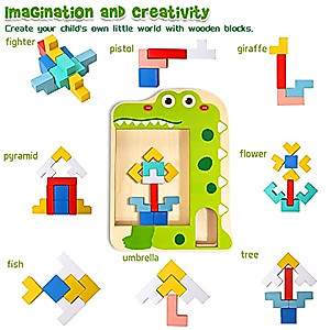 Wooden Blocks Puzzle Brain Teasers Toy Tangram Jigsaw for Kids 3D Russian Blocks Montessori STEM Educational Toy Pattern Blocks Gift for 3 4 5 6 7 Year Old Boys Girls