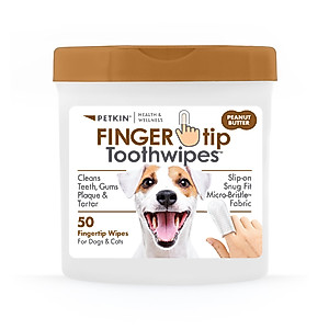 Petkin Fingertip Tooth Wipes for Dogs and Cats, 50 Finger Wipes - Slip-On, Snug Fit, Micro-Bristle Fabric - Cleans Teeth, Gums, Plaque & Tartar - Convenient, Ideal for Home and Travel - Peanut Butter