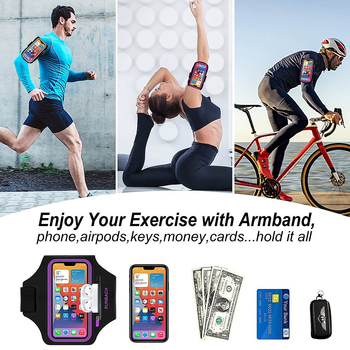 RUNBACH Armband for iPhone 15/15 Pro/14/14 Pro/13/13 Pro/13 Mini/12/12 Pro/12 Mini/11/11 Pro/XR/XS/X/SE/8/7/6,Water Resistant Sport Armband with Zipper Slot for Airpods and Car Key (Purple)