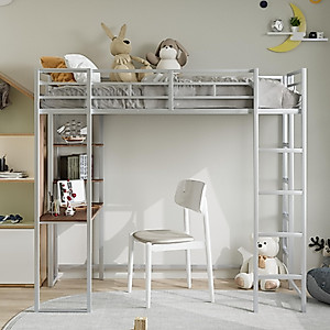 Merax Twin Metal Loft Bed with 2 Shelves and one Desk,Loft Bed Frame with 2 Built-in Ladders,12.2/'' H Safety Guardrail,Noise Free,No Box Spring Needed,Silver