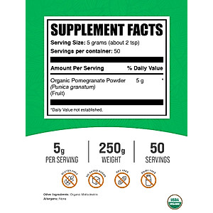 BulkSupplements.com Organic Pomegranate Powder - Pomegranate Supplement for Immune Support, Pomegranate Powder Organic - Gluten Free, 5g per Serving, 250g (8.8 oz) (Pack of 1)