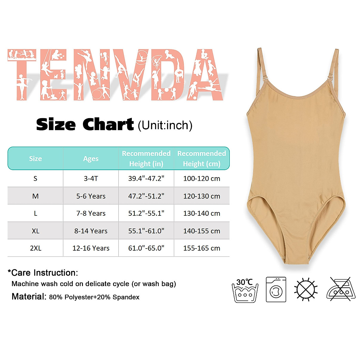 TENVDA Girls Nude Seamless Undergarment Camisole Tan Leotard Nudie Dance Bodysuits for 12-16 Years Old Kids Ballet Gymnastics