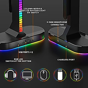RGB Headset Holder- Gaming Headphone Stand, Headset Stand with 2USB Port and 3.5mm Audio Port, Adjustable Ambient Light and Auto-Sensing Rhythm Light, Gamers Desktop Gaming Earphone Accessories.