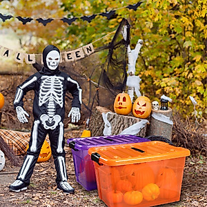 Sweetude 8 Pcs Halloween Plastic Storage Bin with Lids Purple Orange Clear Plastic Storage Totes Container 53 Qt Stackable Nestable Holiday Storage Box with Wheels and Latching Handles