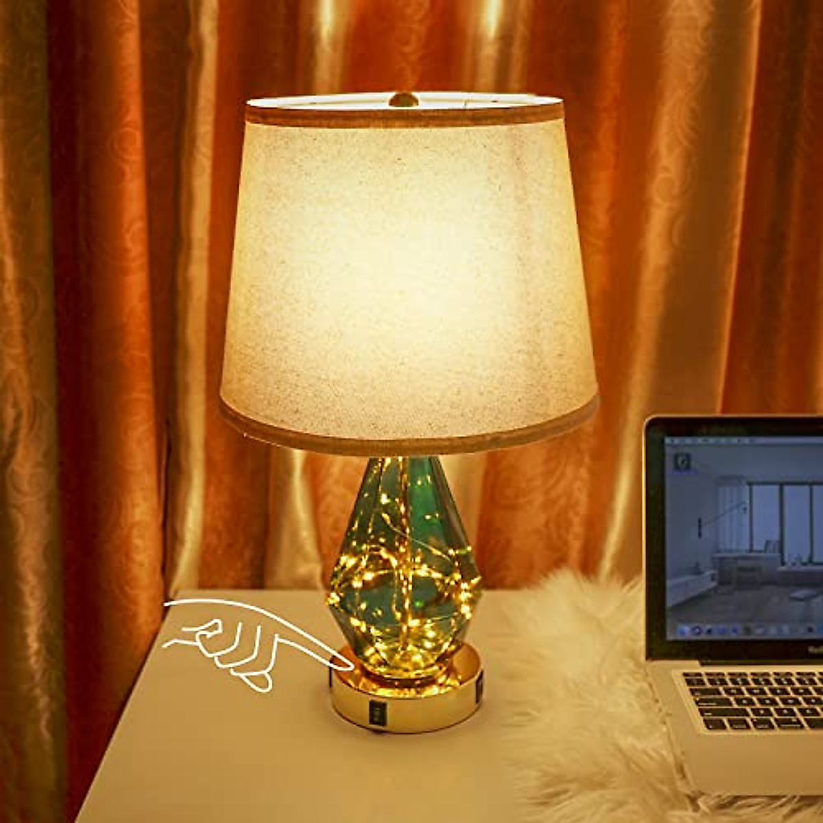 YUNHONG Modern Glass Table Lamp Set of 2,Bedside Lamp with Super Fast Charger 20W PD QC 3.0 USB C+A, 3 Way Dimmable Touch Lamps with Fairy Lights, Nightstand Lamps for Bedroom Living Room