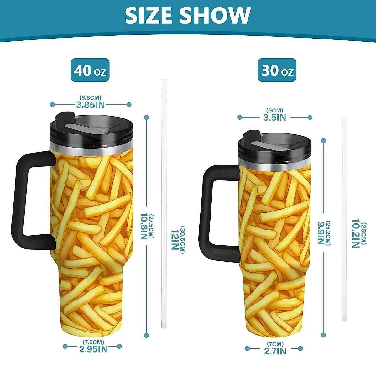 Selerdon 40 oz Tumbler French Fries with Handle and Straw Lid Vacuum Stainless Steel Insulated Water Bottle Travel Mug Car Cup Holder Friendly BPA Free for Gym Travel Office