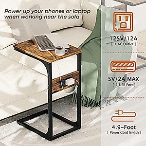SUPERJARE C Shaped End Table with Charging Station, Bed Side Table with USB Port & Outlet, Couch Table, C Table for Living Room & Bedroom, Rustic Brown