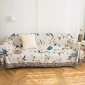 VClife Boho Couch Cover Cotton Linen Beige Sofa Cover Vintage Floral Birds Couch Cover for 2 Cushion Couch Sofa Dog Pet Friendly Non-Slip Loveseat Cover Futon Cover Sofa Cover with Tassel 71"x 118"