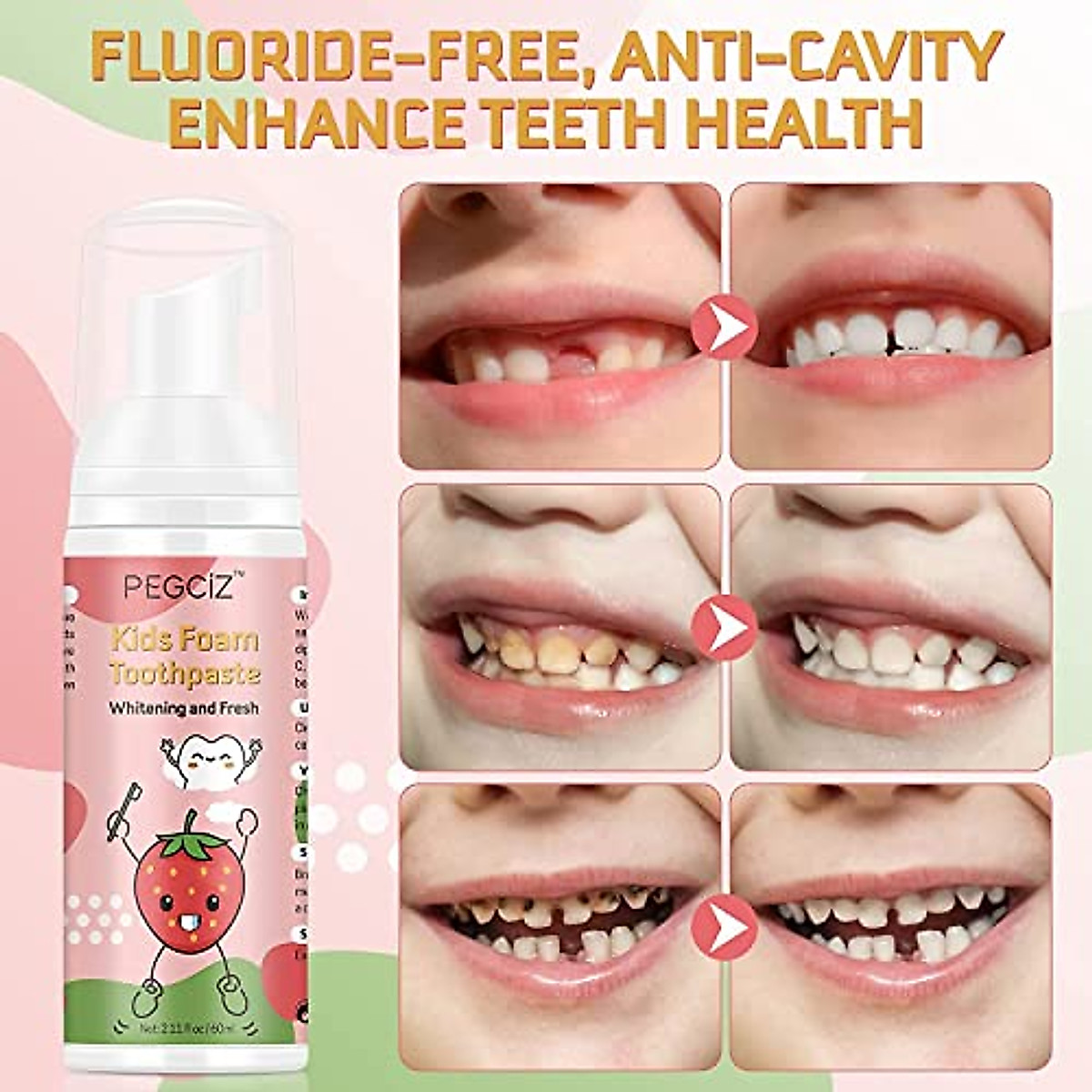 Kids Foam Toothpaste with Low Fluoride,Toddler Anti-Cavity Foaming Toothpaste for U Shaped Toothbrush Electric Toothbrush for Children Kids Ages 3 Plus Strawberry Flavor,60ml(2.11 fl oz)