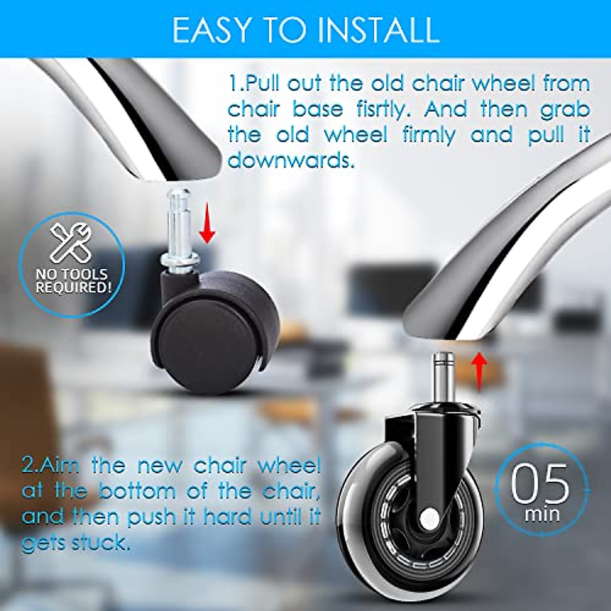 Office Chair Wheels - Replacement Rubber Wheels - Universal Fit 3 Inch Chair Casters, Heavy-Duty Chair Wheels, Noise Free, Fits 98% Chair, for All Floor (5)