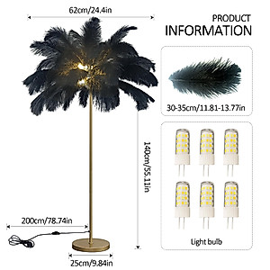 HDXZTQ Floor Lamp， Standing Lamp Tall Feather Floor Lamps 62.9in Black Floor Lamps for Living Room Foot Switch / 6*G4 Feather Lamp (Black Floor lamp)