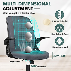 Winrise Office Chair Ergonomic Desk Chairs with Lumbar Support and Flip-up Arms, Comfortable Breathable Mesh Computer Executive Chair with Swivel Task, Adjustable Height 4'', Home, Bedroom - Dark Gray