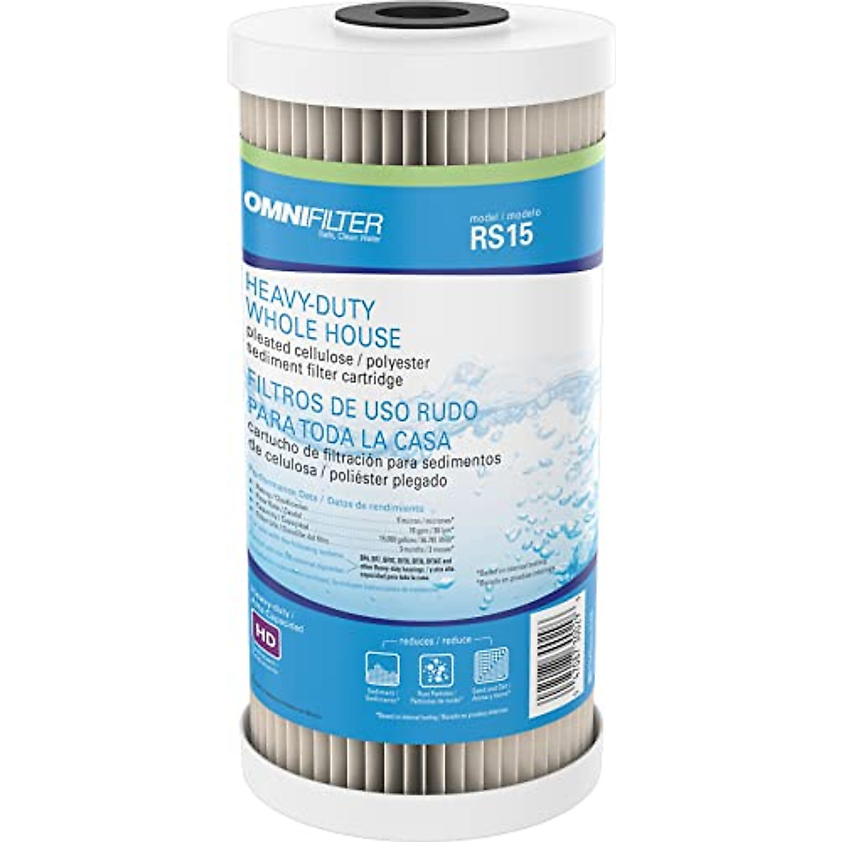 Pentair OMNIFilter RS15 Sediment Water Filter, 10-Inch, Whole House Heavy Duty Pleated Cellulose/Polyester Replacement Cartridge, 10" x 4.5", 5 Micron, White