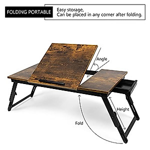 JMLHMXC Bamboo Laptop Desk Bed Tray Table Adjustable Table for Computer Tilting Top Foldable Leg with Drawer