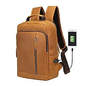 UBANT Full Grain Leather Backpack for Men, 15.6 inch Laptop Backpack with USB Charging Port, Vintage Leather School College Bookbag Computer Bag Business Travel Office Work Bag