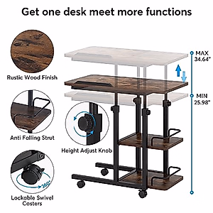 Tribesigns Height Adjustable C Table with Storage, Mobile Couch Snack Side Table with Tiltable Drawing Board, Sofa Bedside Table Laptop Rolling Cart for Bedroom, Living Room (Rustic Brown)