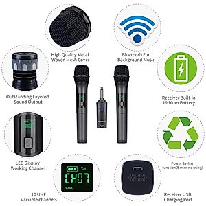 Kithouse K380A Wireless Microphone Karaoke Microphone Wireless Mic Dual with Rechargeable Bluetooth Receiver System Set - UHF Handheld Cordless Microphone for Singing Speech Church(Elegant Black)