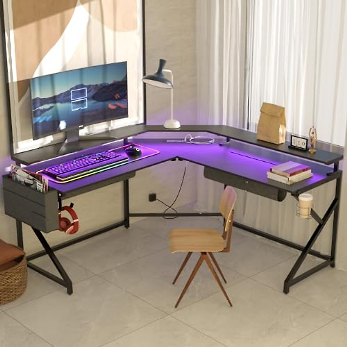 L Shaped Gaming Desk with Power Outlets, 51.5" Computer Desk with Cup Holder and Headphone Holder,Corner Desk Home Office Desk with Glowing Mouse Pad，Black
