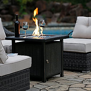 BALI OUTDOORS Gas Fire Pit Patio Furniture Table Propane Firepit, 28Inch Steel Tabletop Fire Pit with Cover Lid, Blue Glass Stone, 50,000BTU, Black