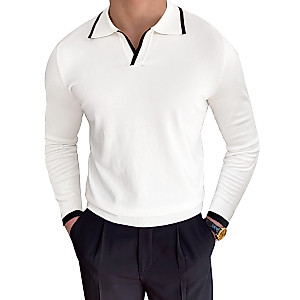 Mens Polo Sweater Long Sleeve Knitted Slim Fit Pullover V-Neck Casual Striped Knitwear Tops