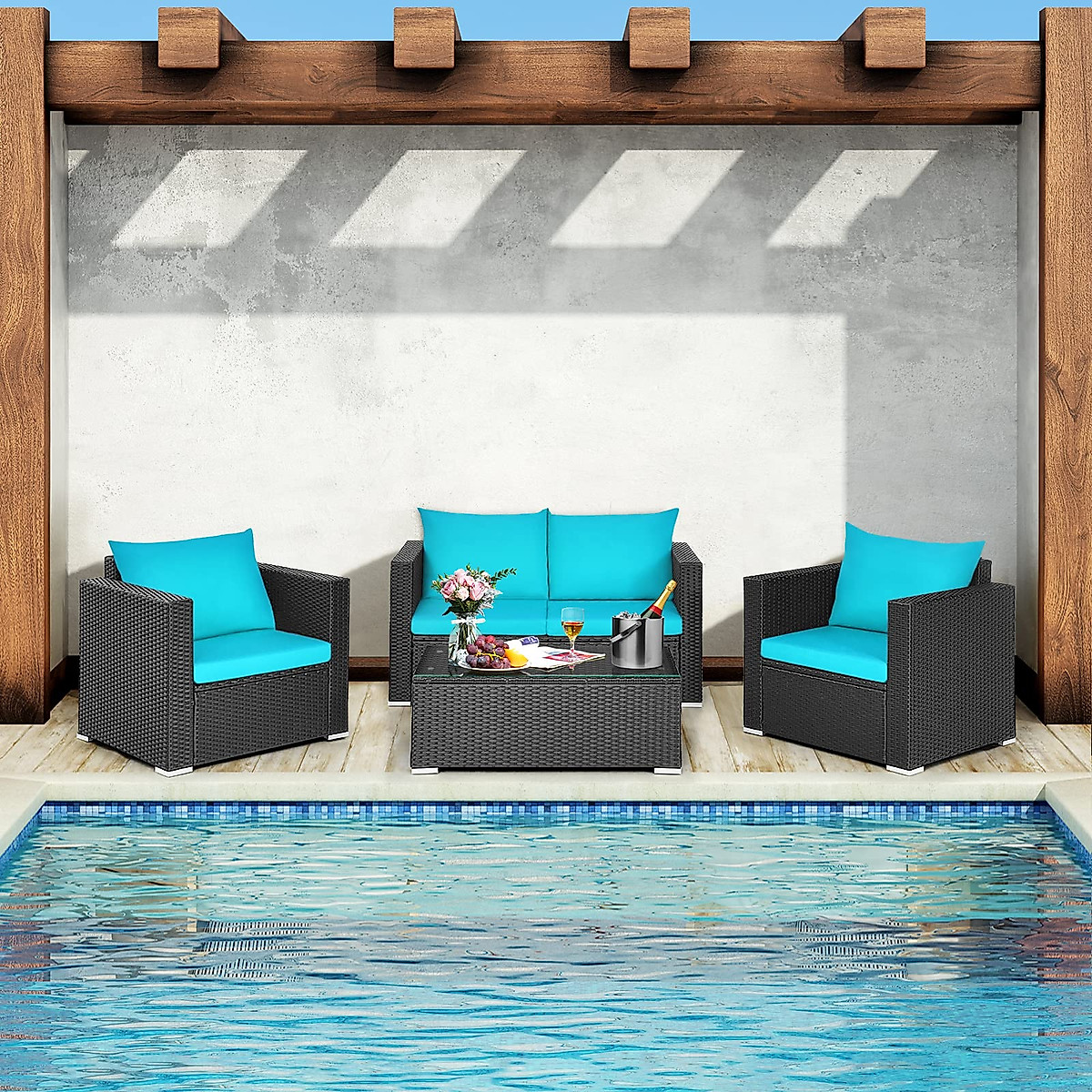 Tangkula 4 Piece Patio Rattan Conversation Furniture Set, Outdoor Wicker Sofa Set with Padded Cushion & Tempered Glass Coffee Table, Wicker Sectional Sofas and Table for Courtyard (1, Turquoise)