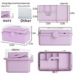 SuoXing 13'' Three-Layer Clear Plastic Storage Box/Tool Box, Multipurpose Organizer and Portable Handled Storage Case for Art Craft and Cosmetic (Purple)